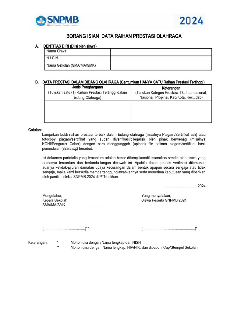 Formulir Data Prestasi Olahraga Siswa | PDF