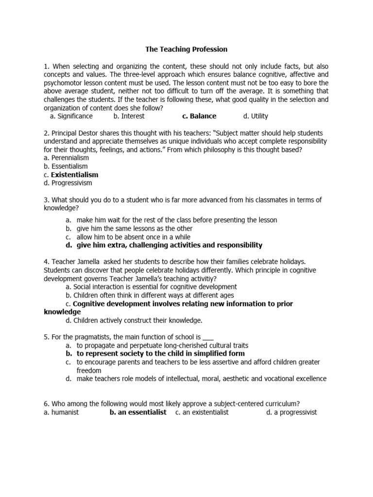 The Teaching Profession Sample Questions | PDF | Teachers | Learning