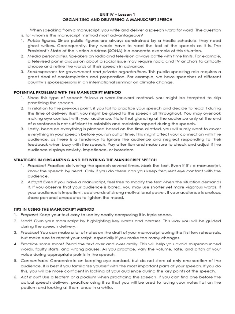 UNIT IV - Lesson 1 - Organizing and Delivering A Manuscript Speech ...