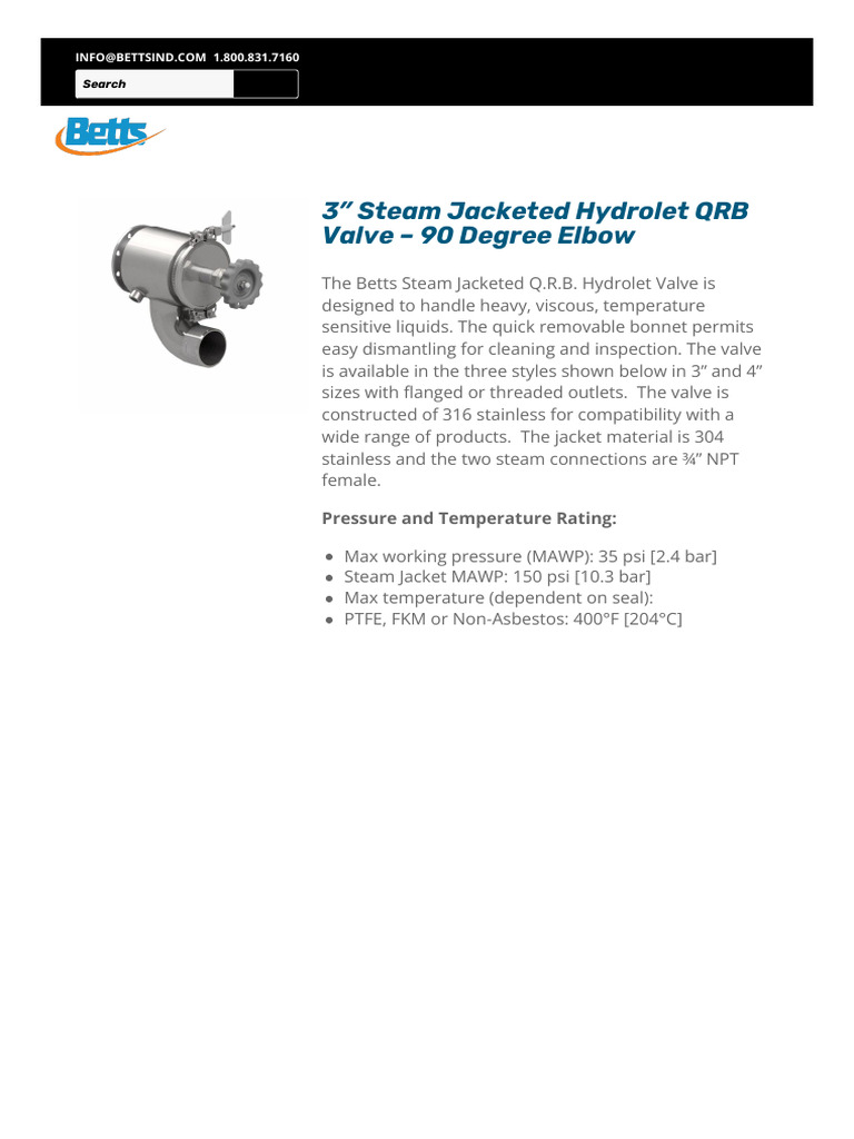 Betts - 3-Inch-Steam-Jacketed-Hydrolet-Qrb-Valve-90-Degree-Elbow | PDF ...