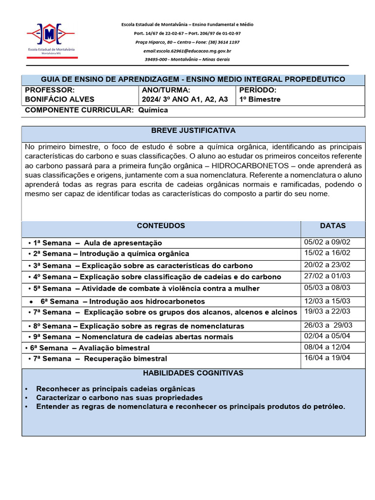 Guia De Ensino 3º Ano 1º Bimestre 2024 Química Pdf