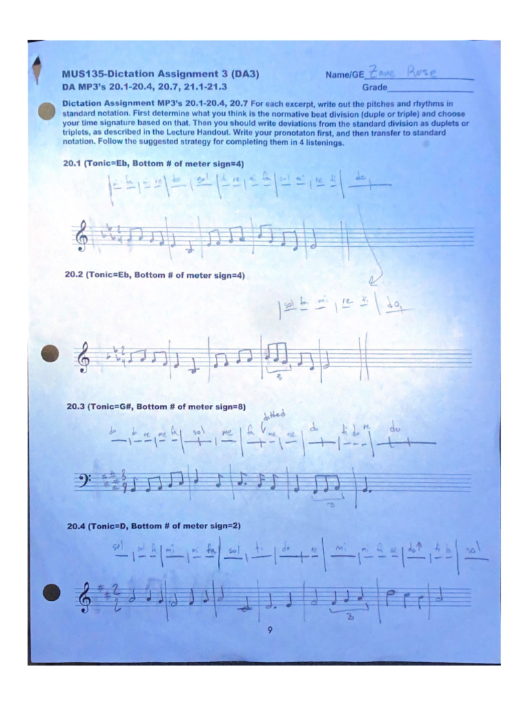 MUS135-Dictation Assignment 3 (DA3) | PDF