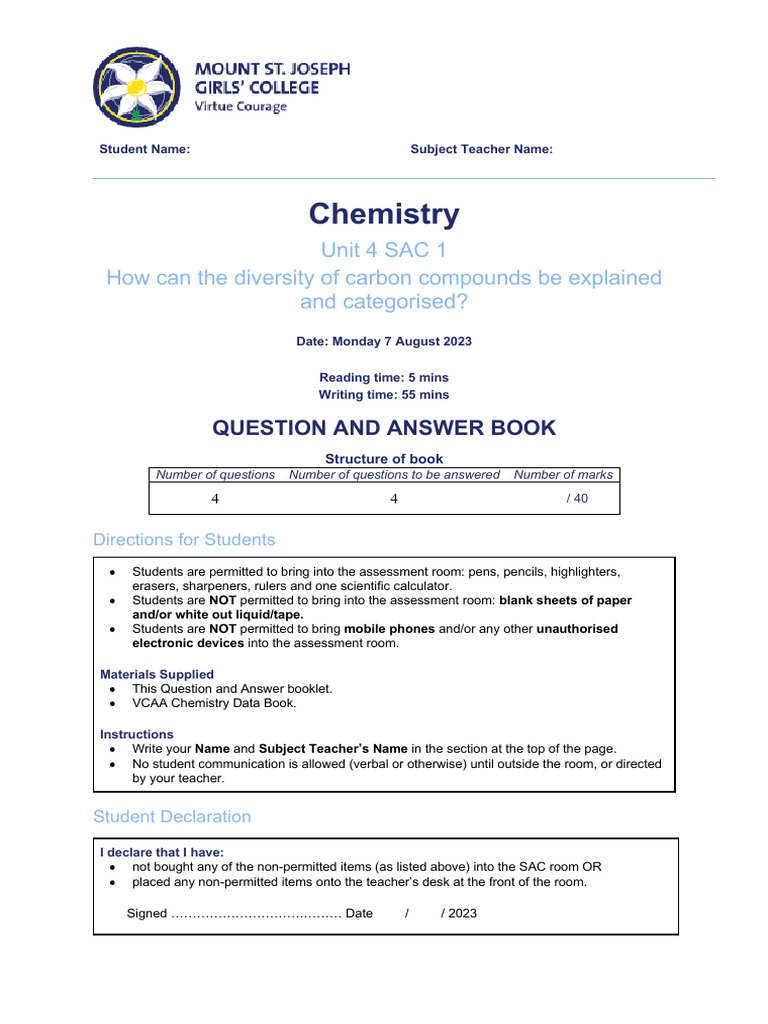 12 Chemistry Unit 4 SAC 1 2023 | PDF | Acid | High Performance Liquid ...