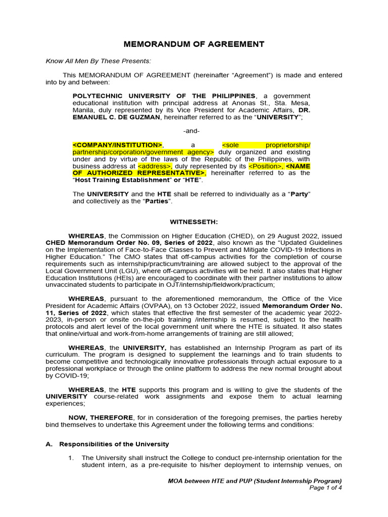 Ojt Moa Template Ovpaa - 10172022 | Download Free PDF | Intellectual Property | Internship