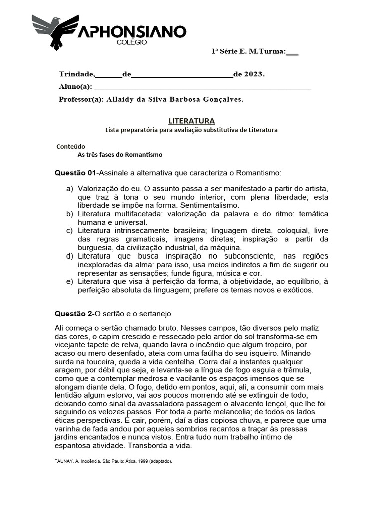ATIV. SUBSTITUTIVA Literatura - 1º Ano (1) | PDF | Romantismo