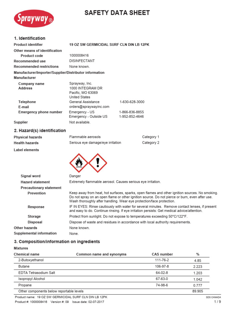 Disinfectant Surface Cleaner SDS | PDF