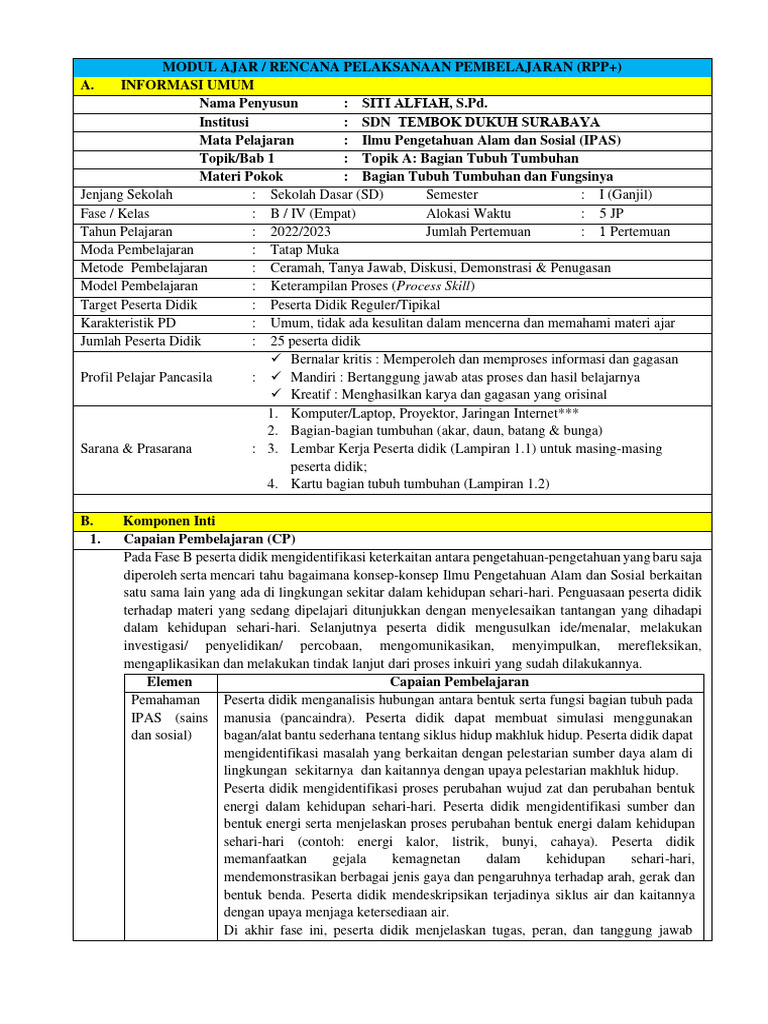 RPP Kelas 4 IPAS Sem 2 KUMER Alfiah | PDF