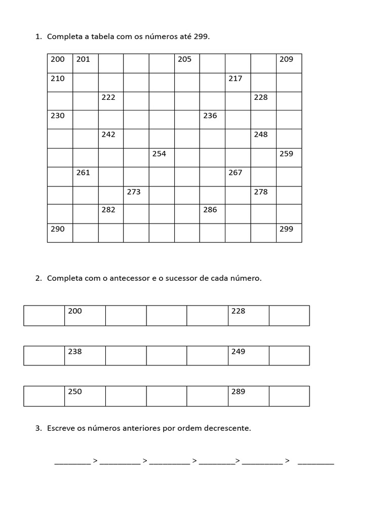 Tabela de Números até 299 para Completar | PDF