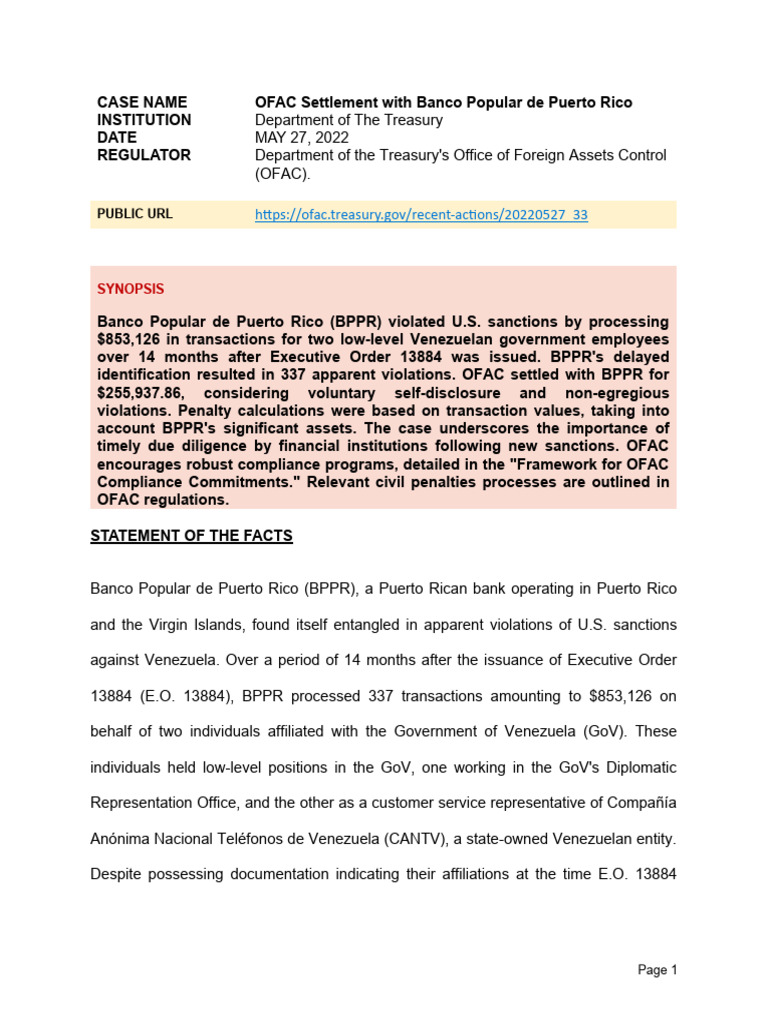 Summary Case - OFAC Settlement With Banco Popular de Puerto Rico | PDF ...