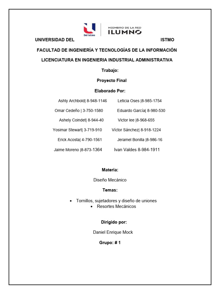 Proyecto Final Diseno Mecanico | PDF | Tornillo | Ingeniería mecánica Proyecto Final Diseno Mecanico | PDF | Tornillo | Ingeniería mecánica