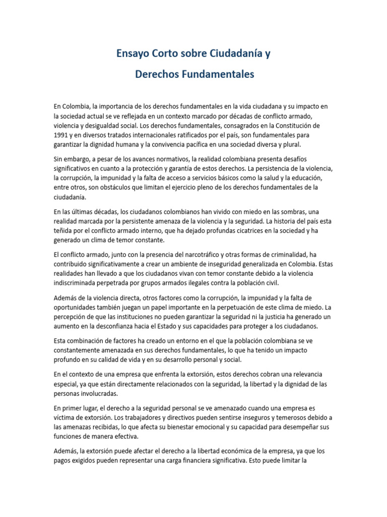Ensayo Corto Sobre Ciudadanía y Derechos Fundamentales | Descargar gratis PDF | Business | Colombia