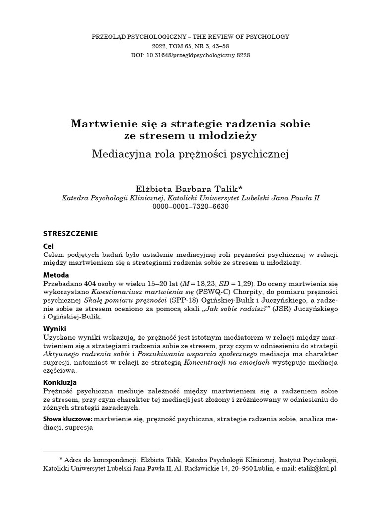 Martwienie Się A Radzenie Sobie Ze Stresem U Młodzieży | PDF