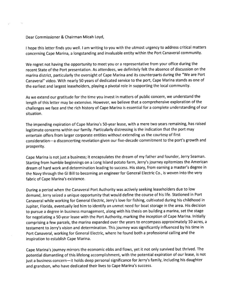 Cape Marina Letter To Port | PDF
