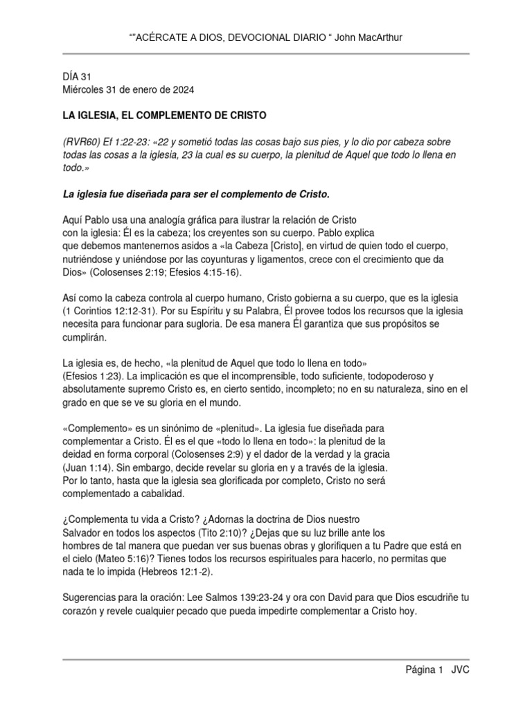 Día 31 2024-01-31 La Iglesia, El Complemento de Cristo | PDF | Cristo (título) | Creencia y ...