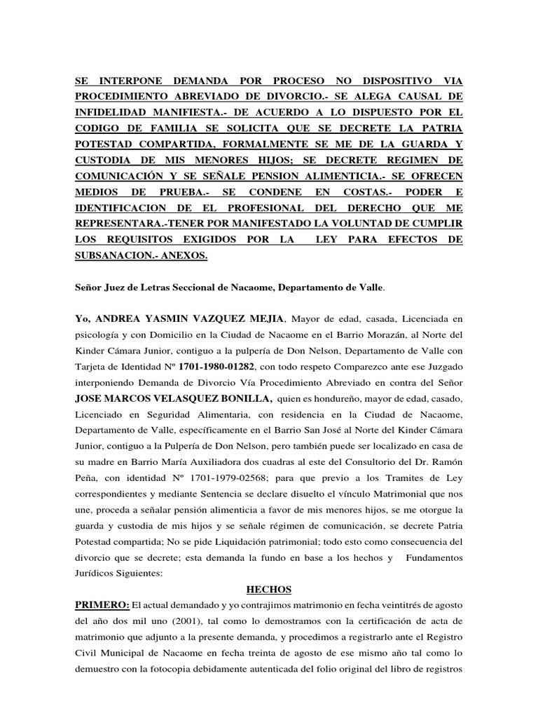 Demanda de Divorcio Guarda y Cuidado | PDF | Divorcio | Pensión alimenticia