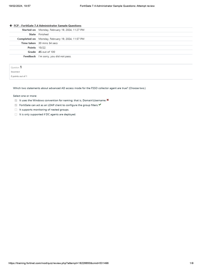 FortiGate 7.4 Administrator Sample Questions - Attempt Review | PDF | Public Key Certificate ...