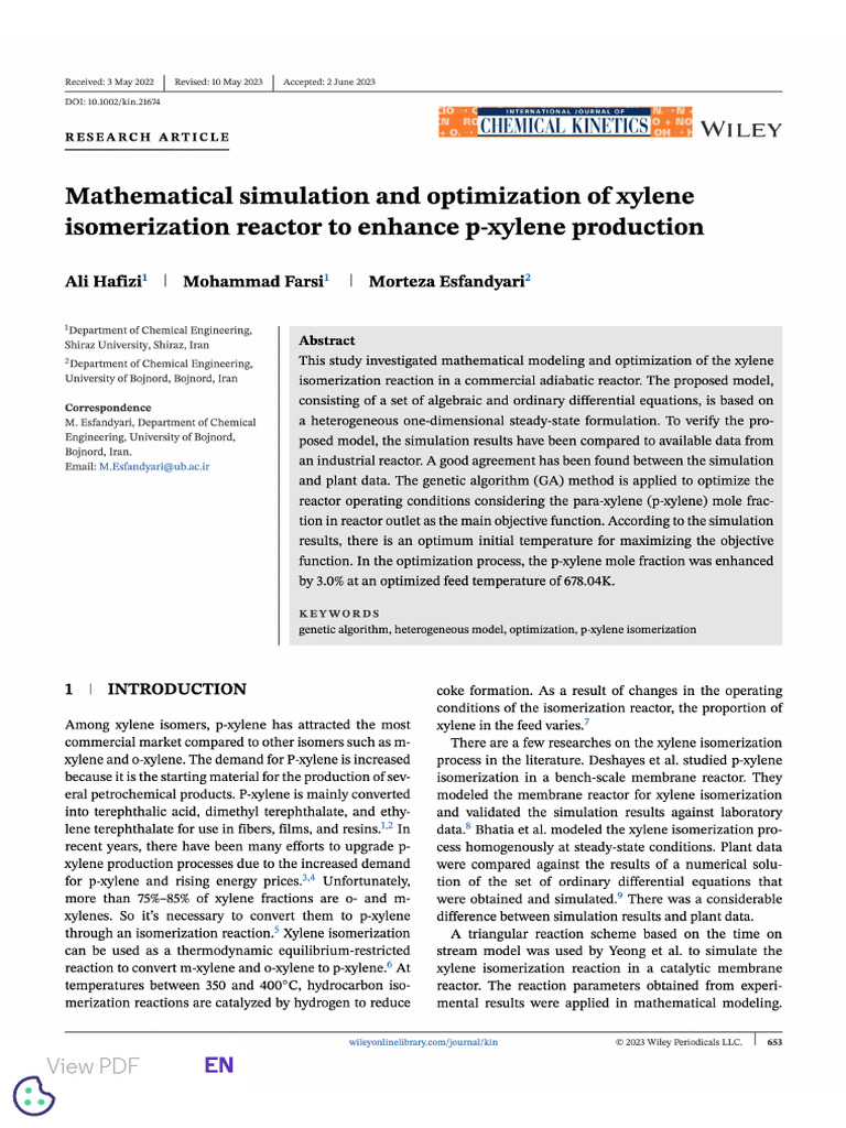 Mathematical Simulation and Optimization of Xylene Isomerization Reactor To Enhance P Xylene ...