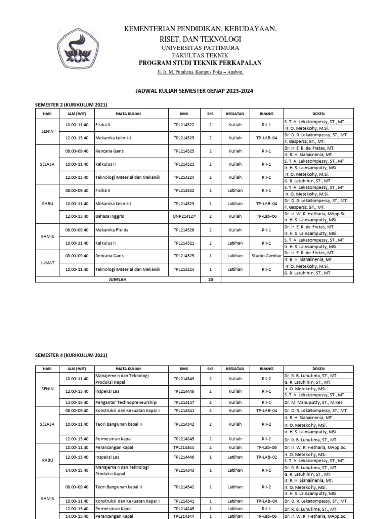 Jadwal Kuliah Genap 2023-2024 Kurikulum 2021 | PDF
