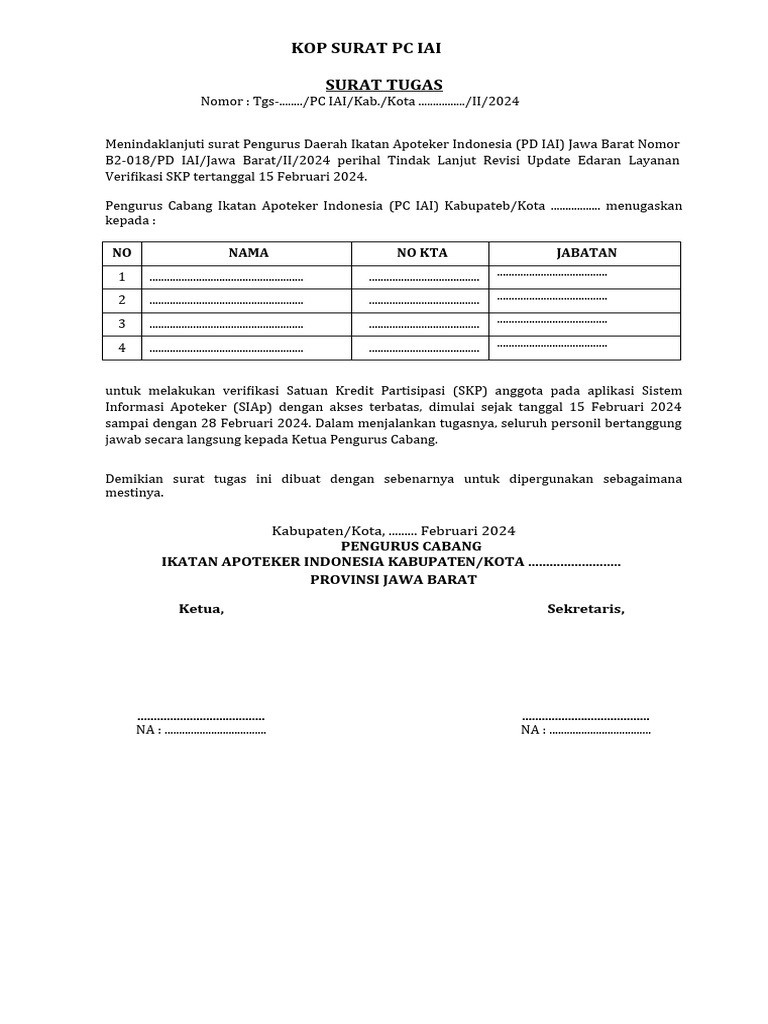 Surat Tugas Verifikasi SKP IAI 2024 | PDF