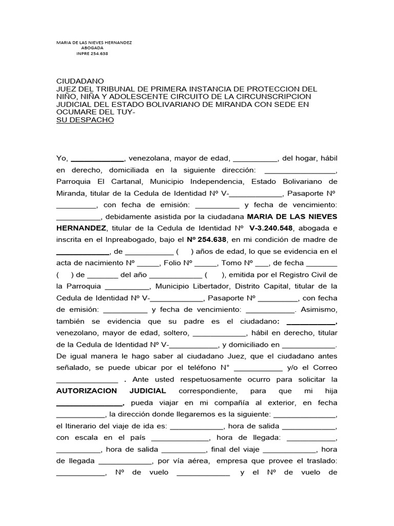 Modelo Solicitud Autorizacion Judicial | PDF | Certificado de nacimiento | Gobierno y personalidad