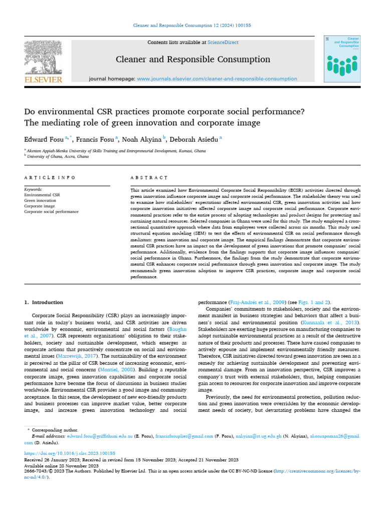 Do Environmental CSR Practices Promote Corporate Social - 2024 - Cleaner and Res | PDF ...