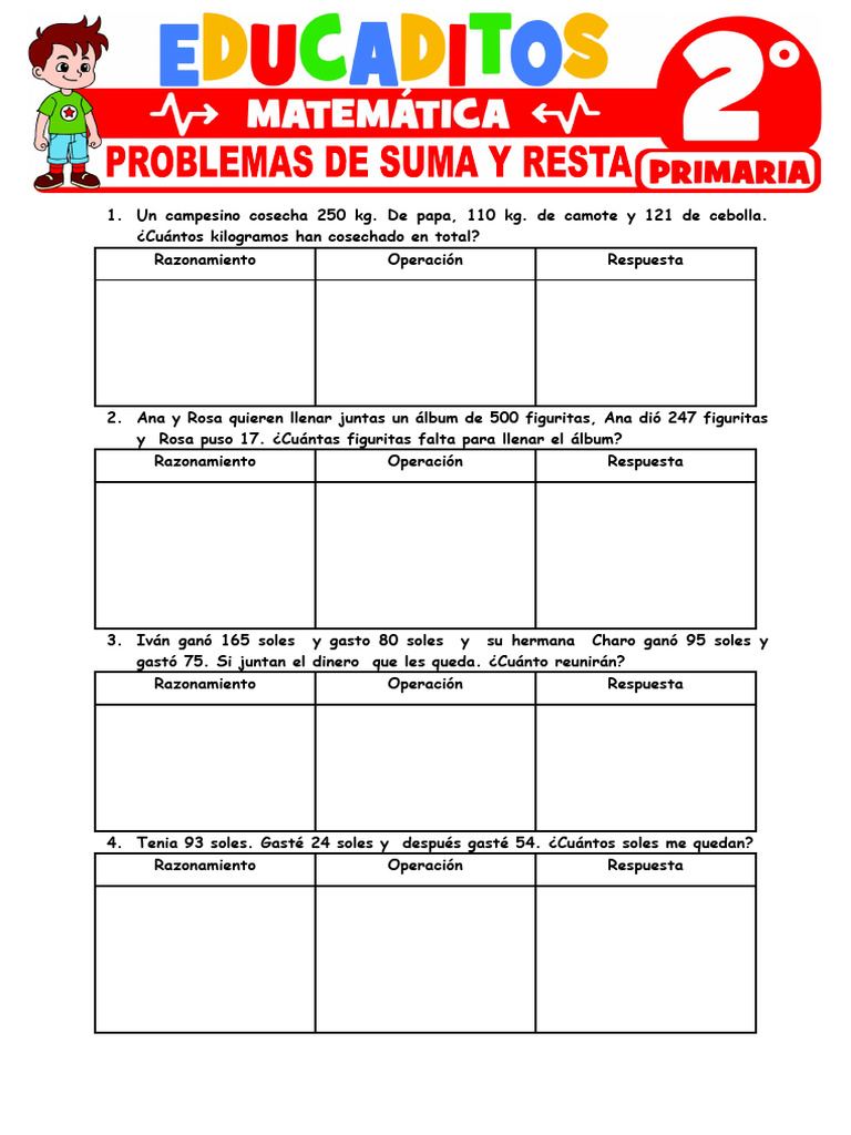 Problemas de Suma y Resta para Segundo Grado de Primaria | PDF