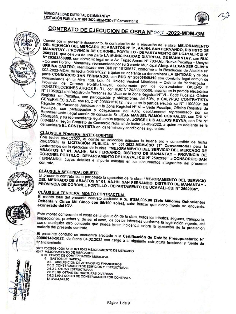 Contrato de Ejecucion de Obra N°001-2022-Mdm-Gm | PDF