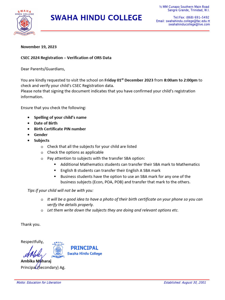 CSEC 2024 Registration Data Verification | PDF