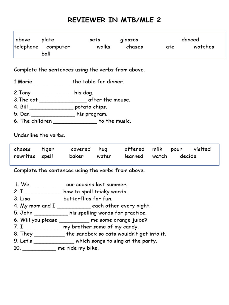 Grammar Worksheet Grade 2 Verbs Sentences 0 | PDF