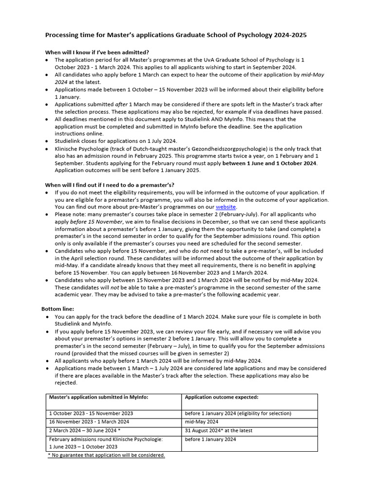 Uva Psychology Masters Processing-Times-2024-2025 | PDF | Career & Growth