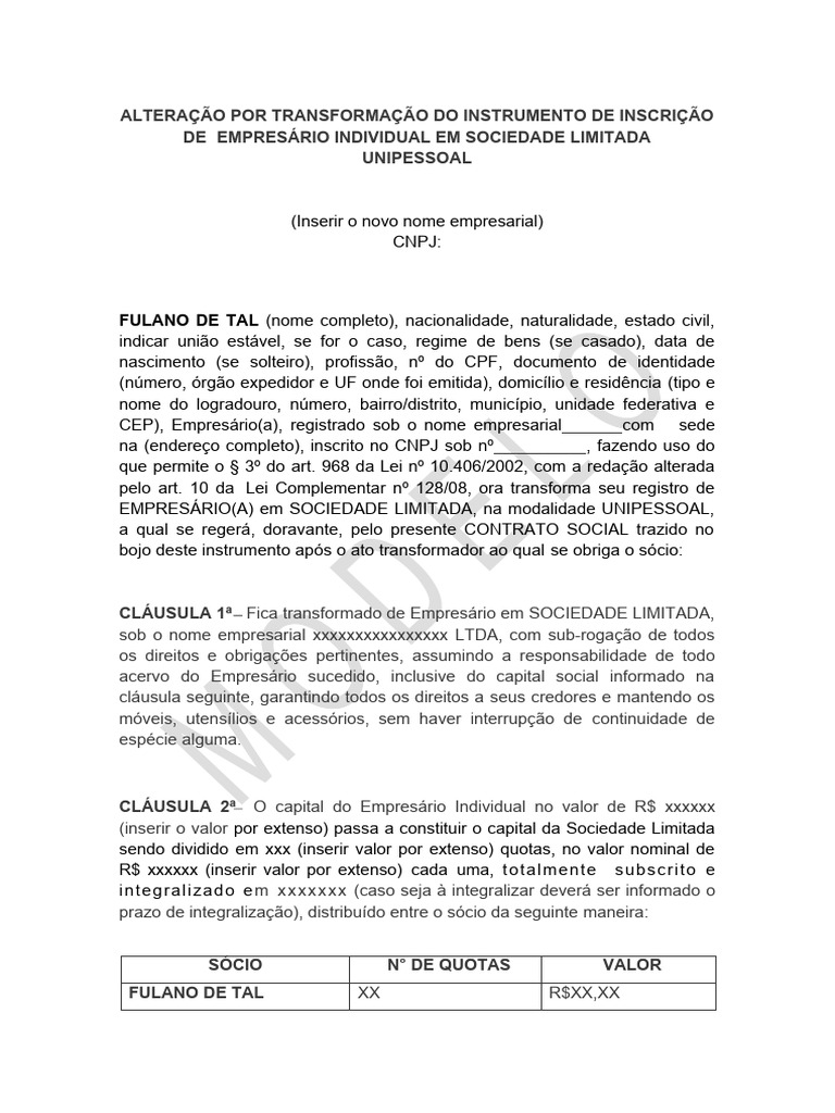 Modelo de Transformação de Empresário Individual em Sociedade ...