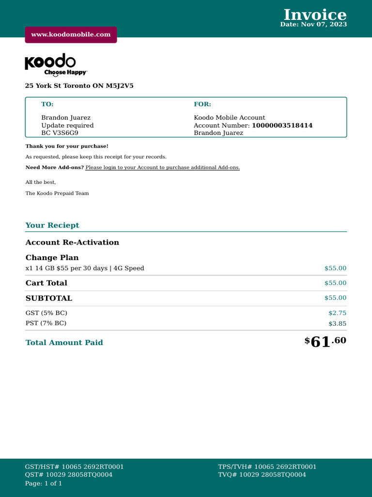 Koodo Mobile Invoice Nov 2023 | PDF