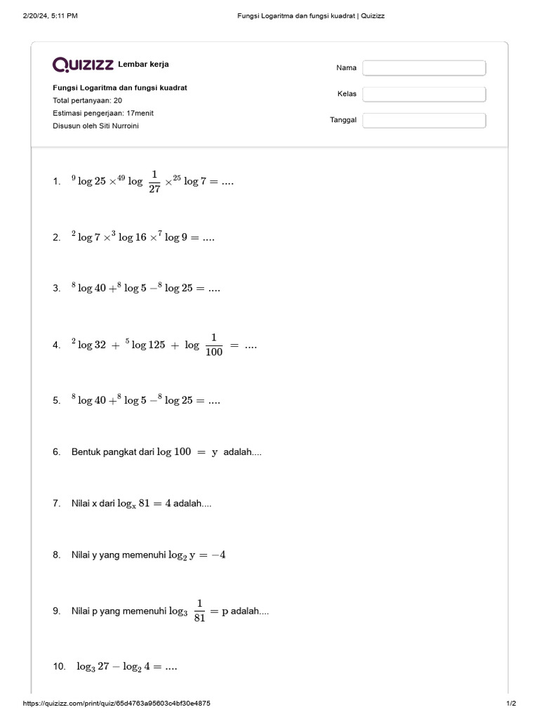 Fungsi Logaritma Dan Fungsi Kuadrat | PDF