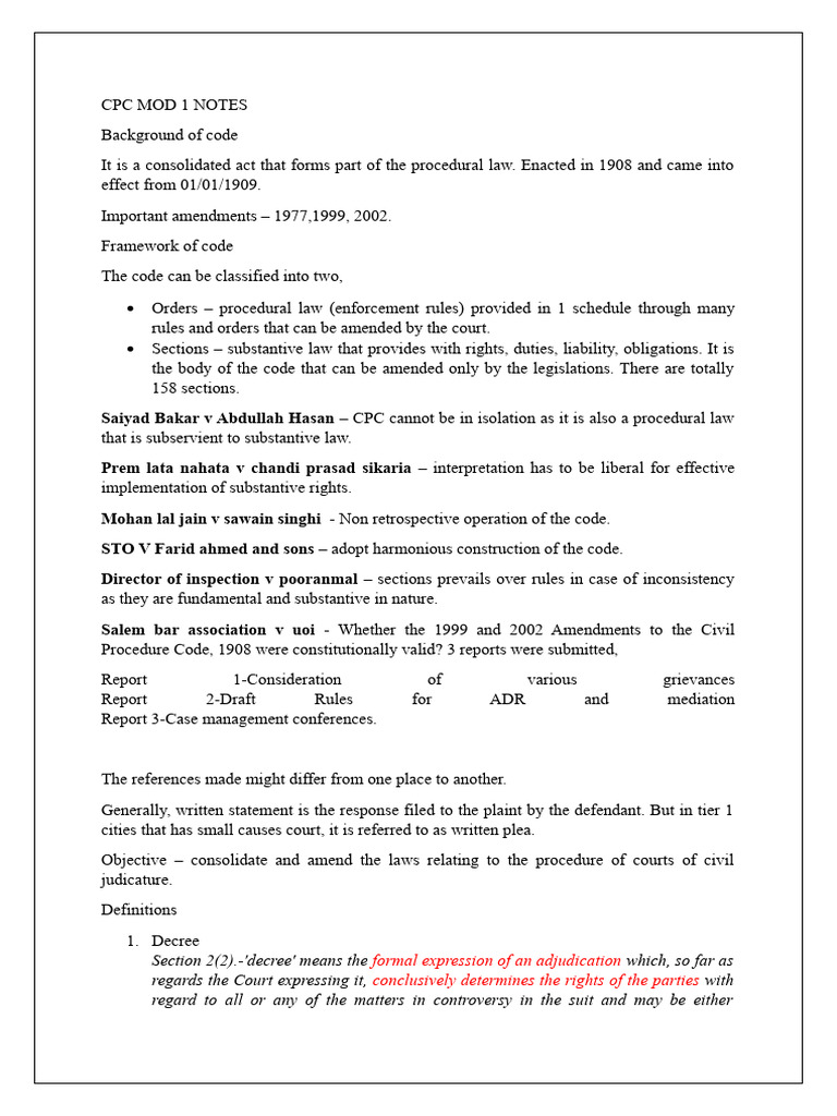 CPC Mod 1 Notes | PDF | Judgment (Law) | Lawsuit