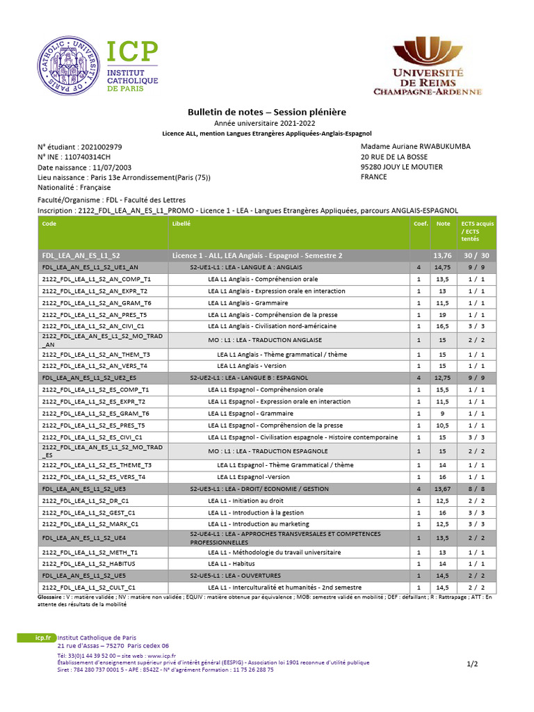 Bulletin de notes Licence LEA 2021-2022 | PDF | Linguistique | Économie