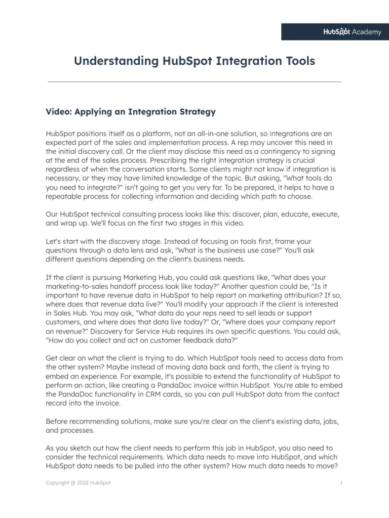 Understanding Hubspot Integration Tools: Video: Applying An Integration Strategy | PDF ...