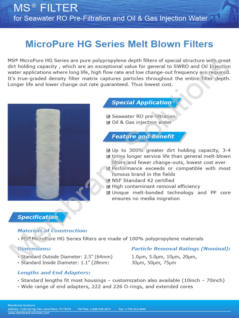 MicroPure HG Series Melt Blown Filters | PDF | Pressure | Water