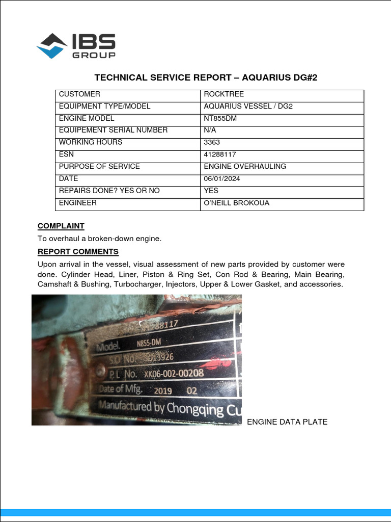 Service Report - Engine Overhauling DG2 - Aquarius Rocktree | PDF ...