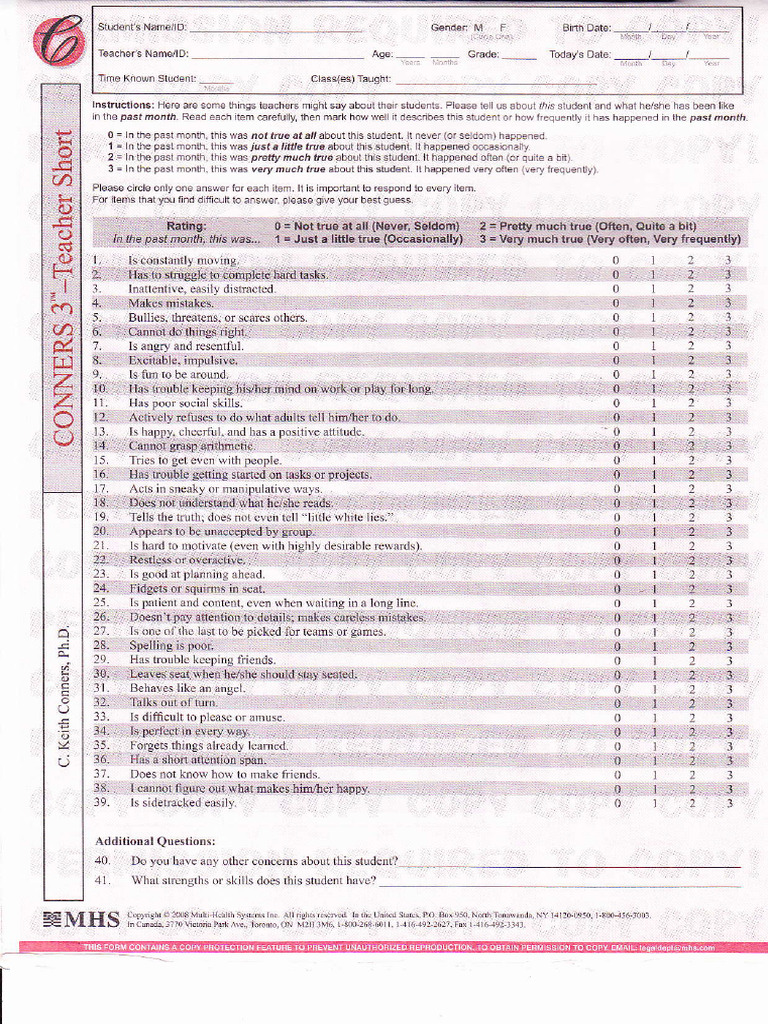 Conners 3 Teacher Rating Scale Guide | PDF