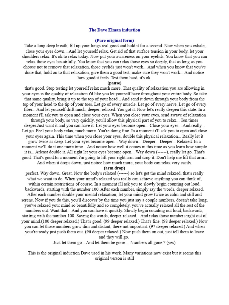 The Dave Elman Induction (Original) | PDF | Relaxation (Psychology) | Mind
