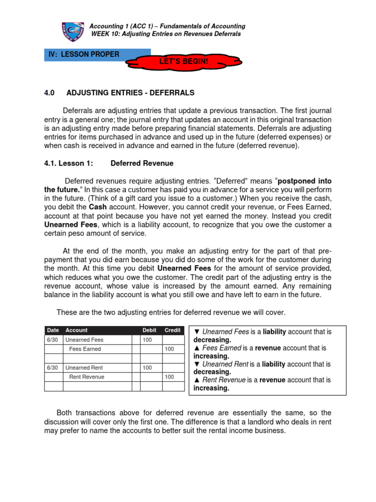 Adjusting Entries: Revenue Deferrals | PDF | Debits And Credits | Deferral