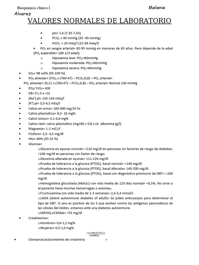 Valores Normales de Laboratorio | Descargar gratis PDF | Fisiología
