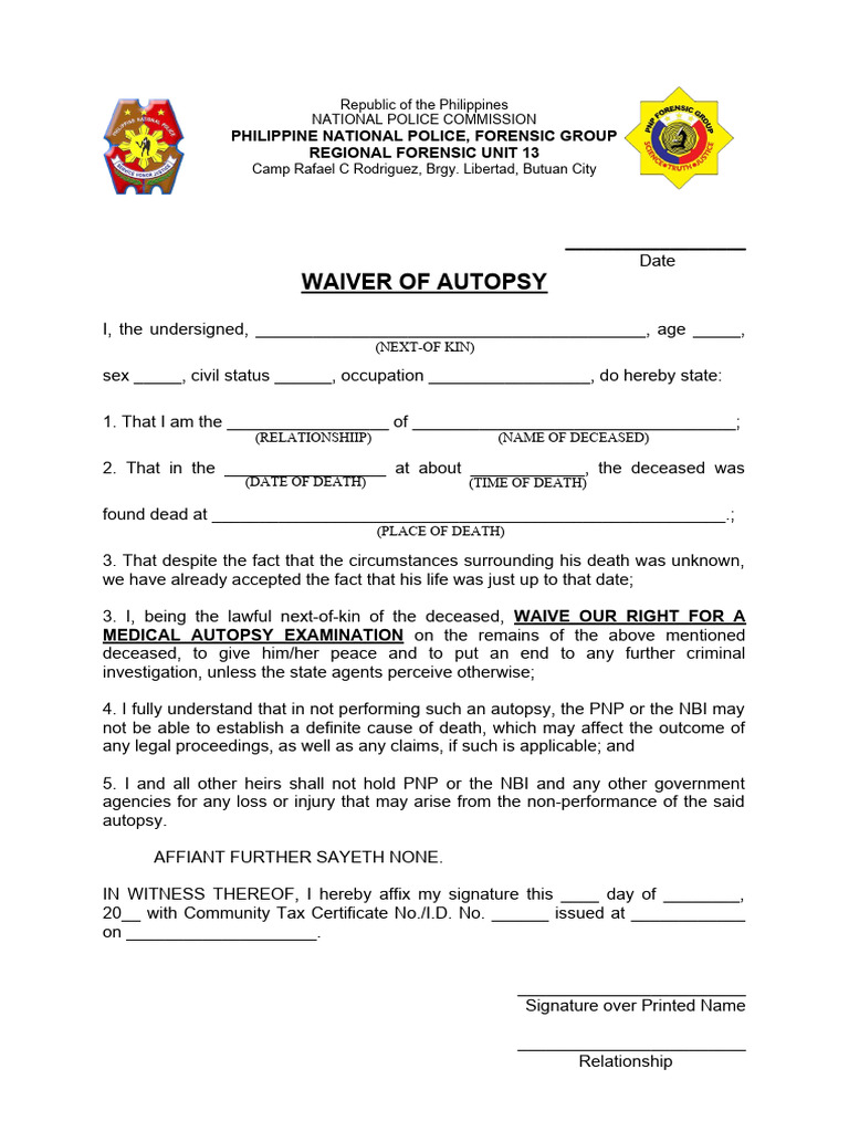 Waiver For Autopsy | Download Free PDF | Autopsy | Law Enforcement