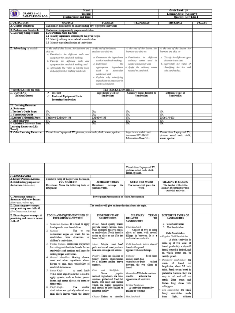 Cookery 9 DLL Third Quarter | PDF | Breads | Sandwich