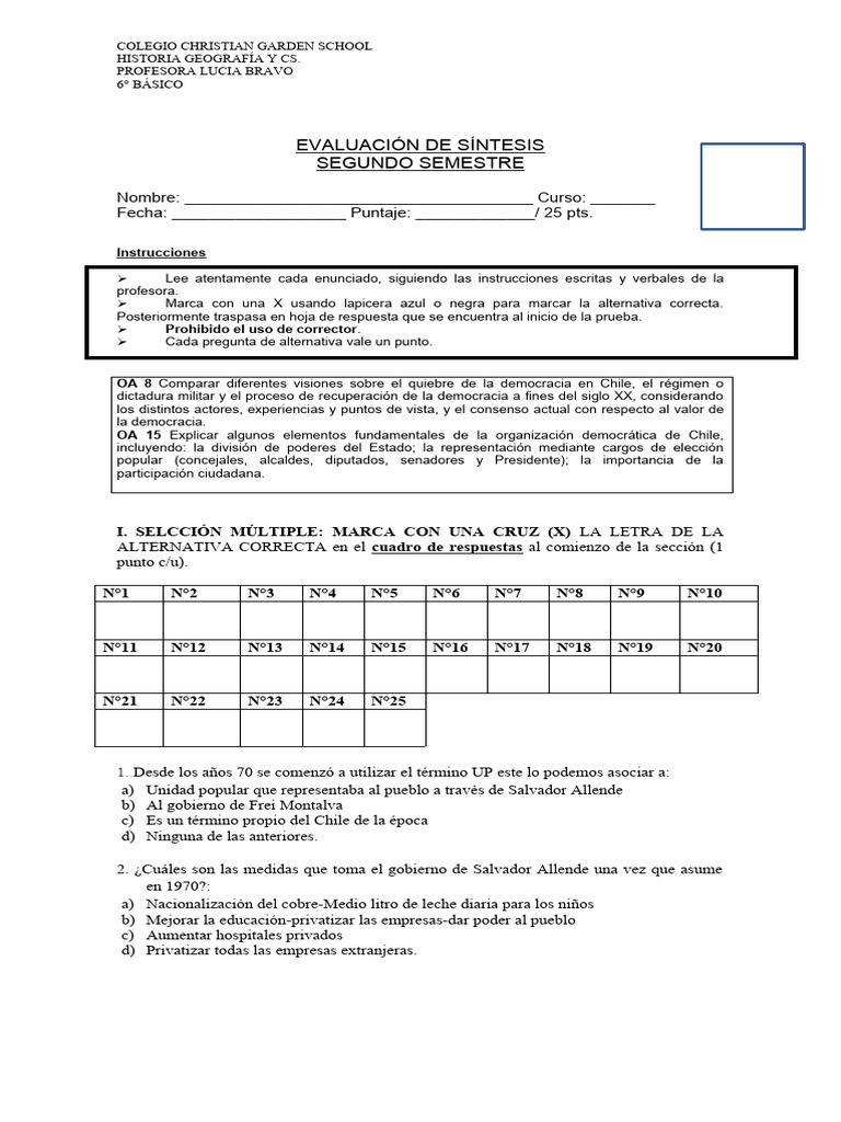 Prueba 6 Básico | PDF | Chile | Democracia