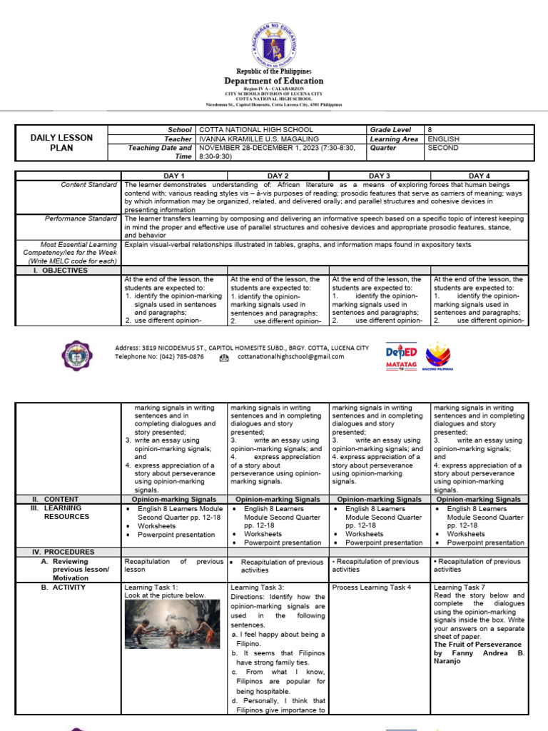 English 8 DLP Q2 W4 | PDF | Foreign Language Studies