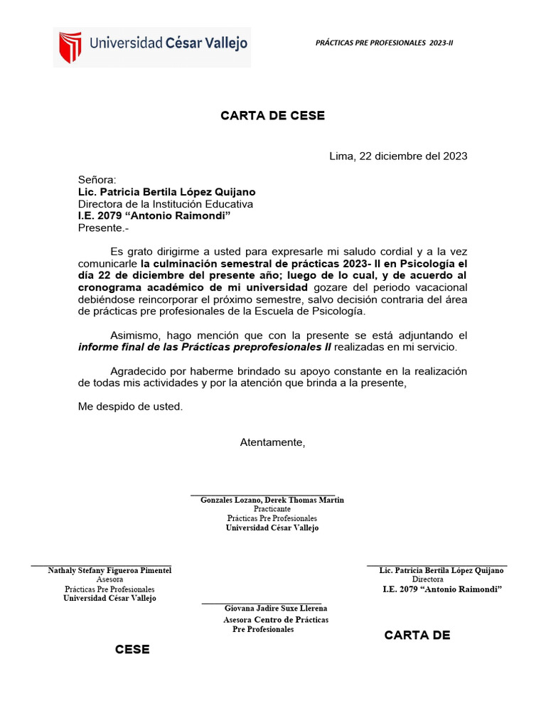 Modelo de Carta de Cese 2023-II | PDF | Crecimiento personal y ...