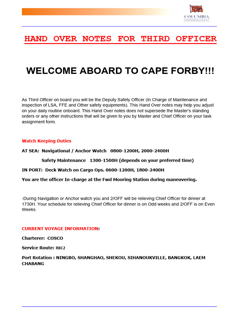 Hand Over Notes | PDF | Sailor | Shipping