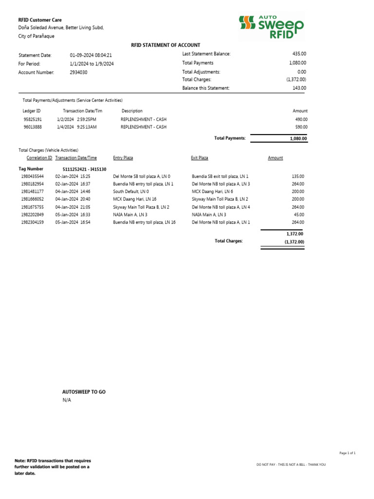 SOA Acct 2934030 1704067200 1704758400 | PDF | Toll Road | Banking ...