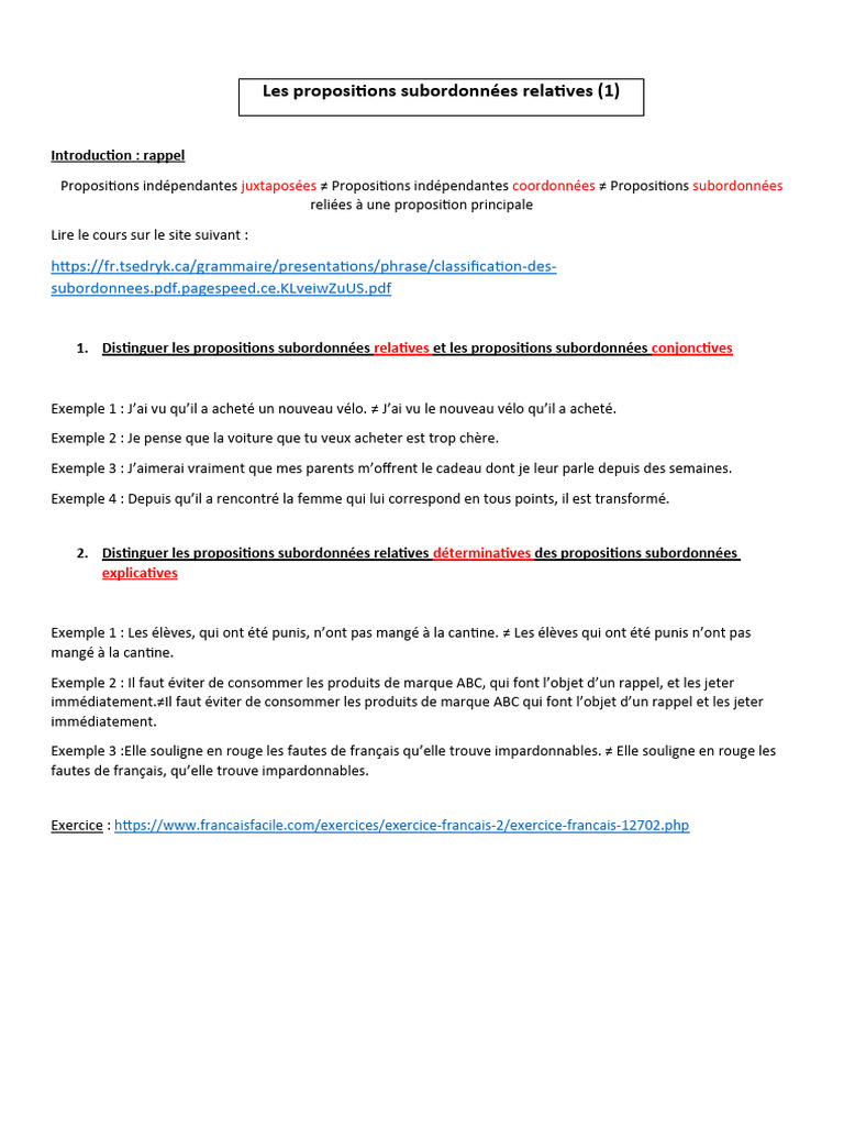2nde Ou 1e Propositions Subordonnees Relatives Lecon Et TD | PDF